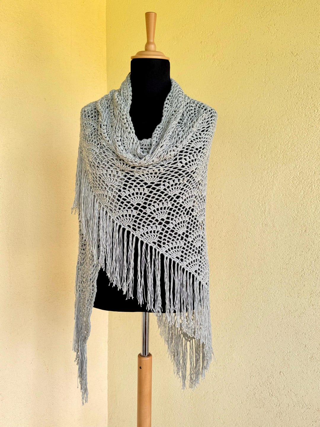 Handmade Crochet Lace Shawl: Silver Grey Cotton Blend Tassel Scarf - Etsy