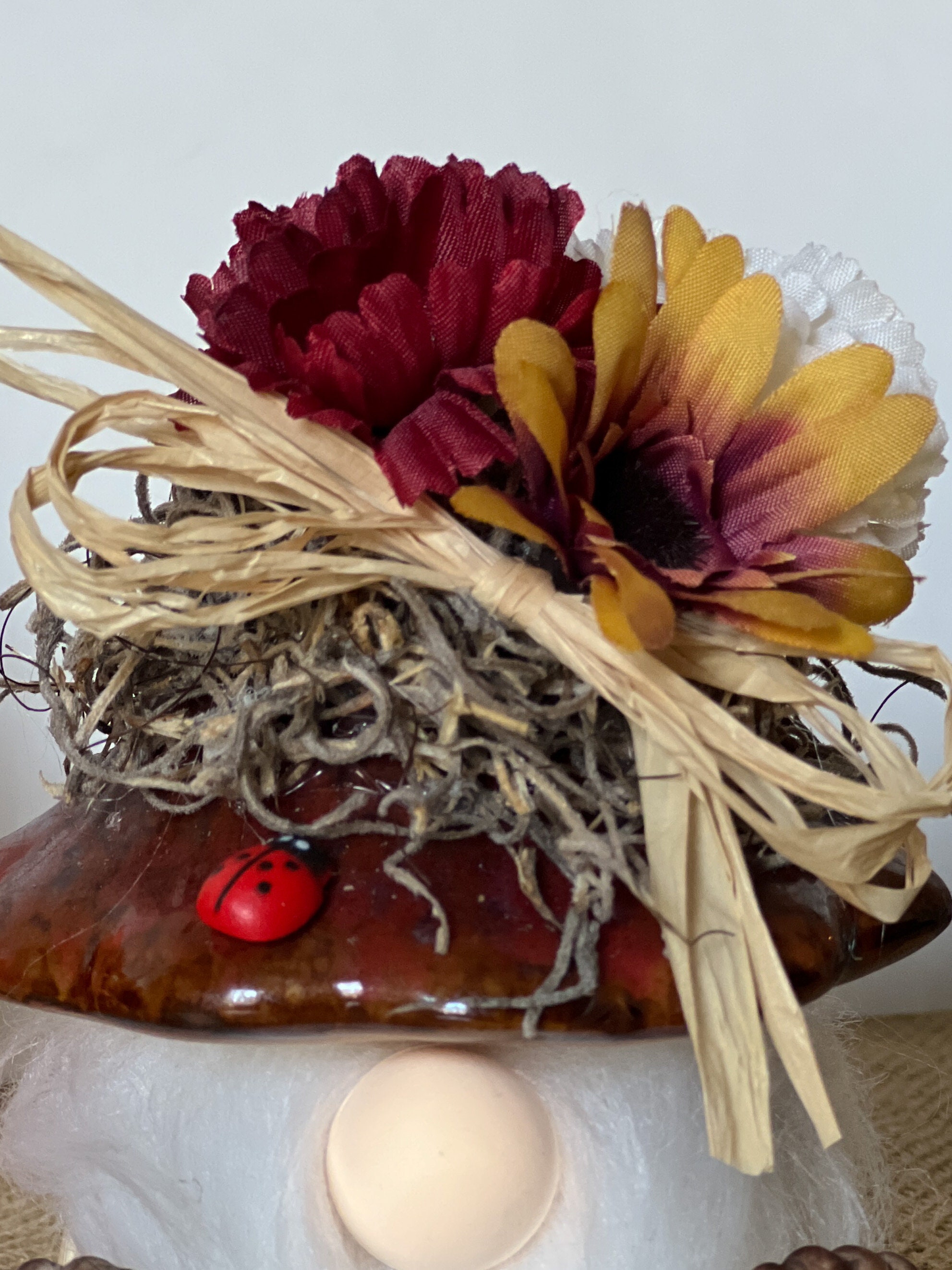 Sitting Mushroom Gnome Red Yellow White Flower Mushroom Cap - Etsy