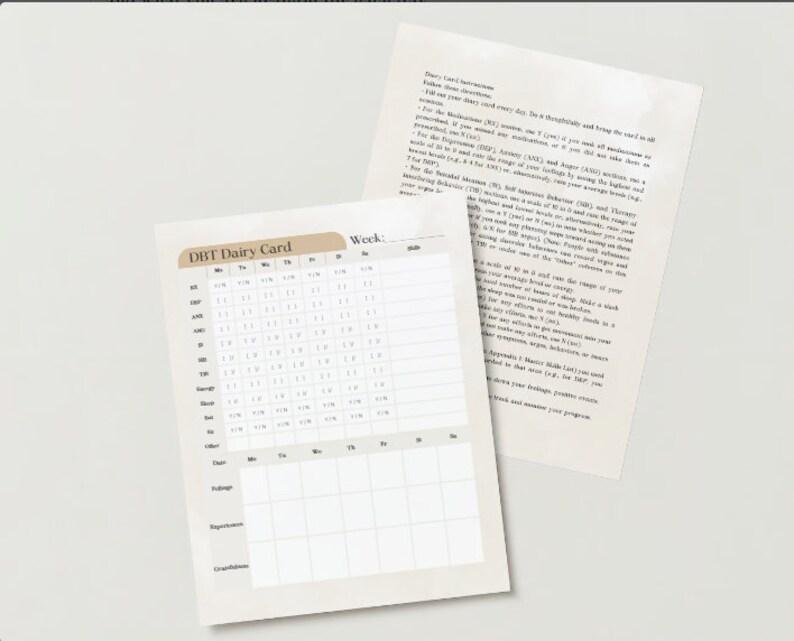 Printable DBT Diary Cards With Step-by-step Instructions Digital ...