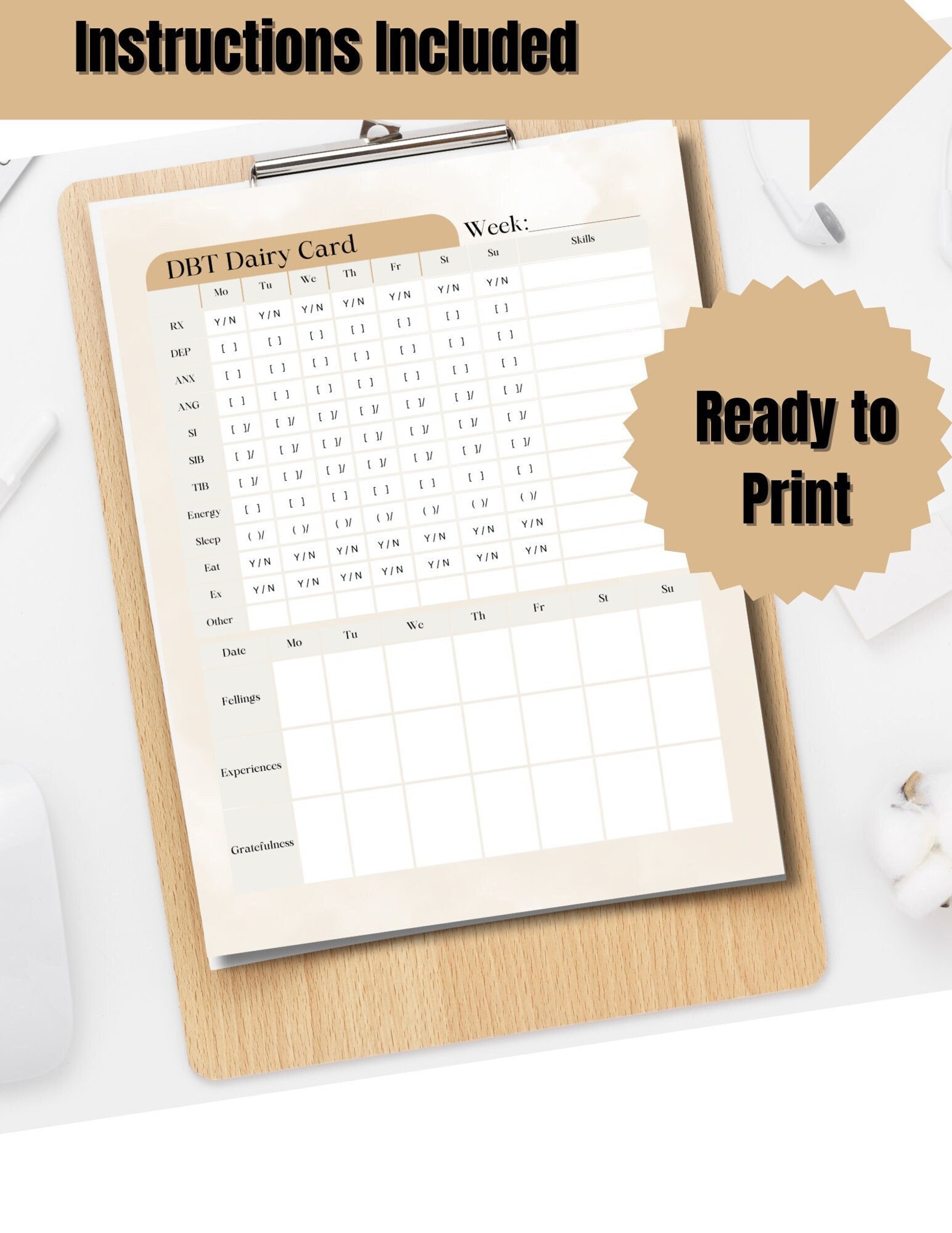 Printable DBT Diary Cards With Step-by-step Instructions Digital ...