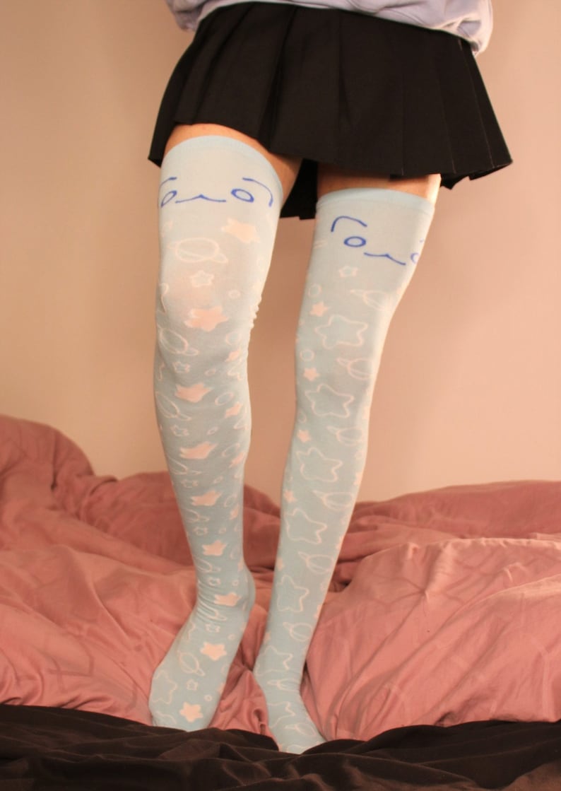 Extra Long Thigh High Socks Baby Blue Cute Cosmic Design - Etsy