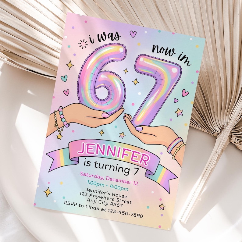 I Was 6 Now I'm 7 Birthday Invitation, 7th Birthday Girl Invite ...
