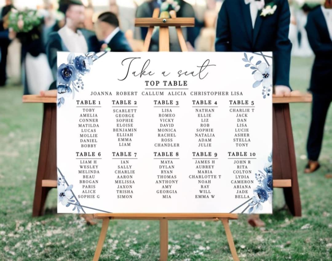 Personalised Wedding Seating Plan | Easel Sign | Beautiful Blue & White ...