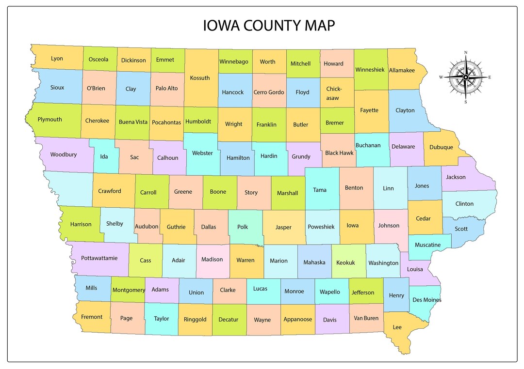 Wall Art Impressions 34"x24" Poster Blank Iowa County Map With County ...