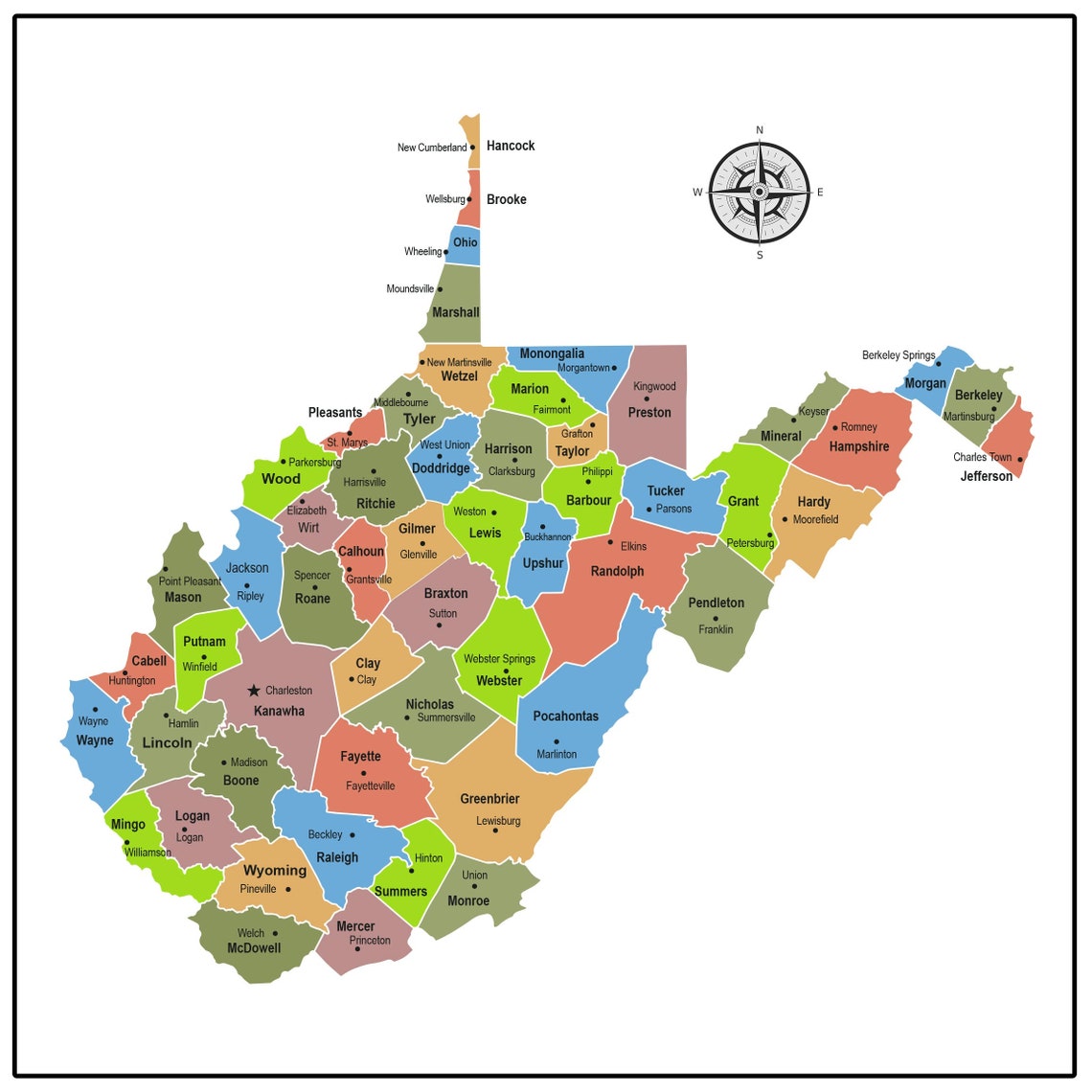 26"x24" West Virginia County Map - Etsy