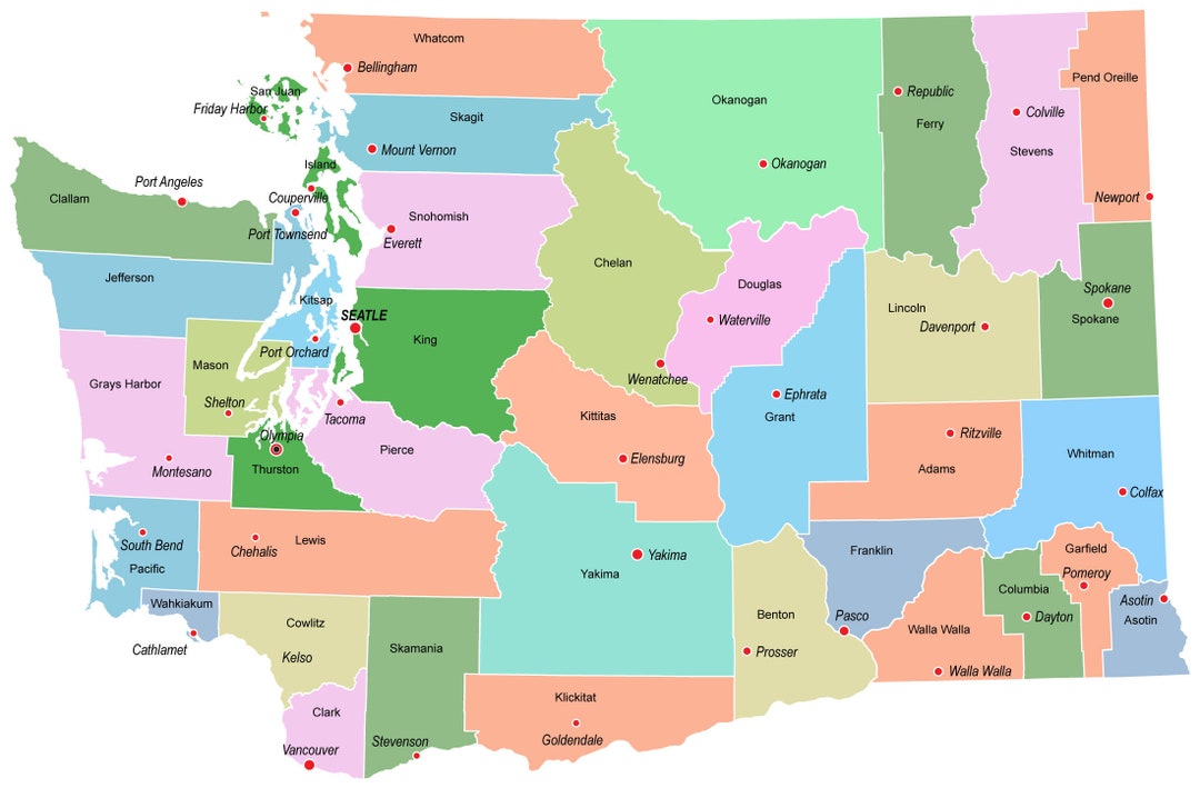 24"x36" Poster Washington County Map With County Seat Cities - Etsy