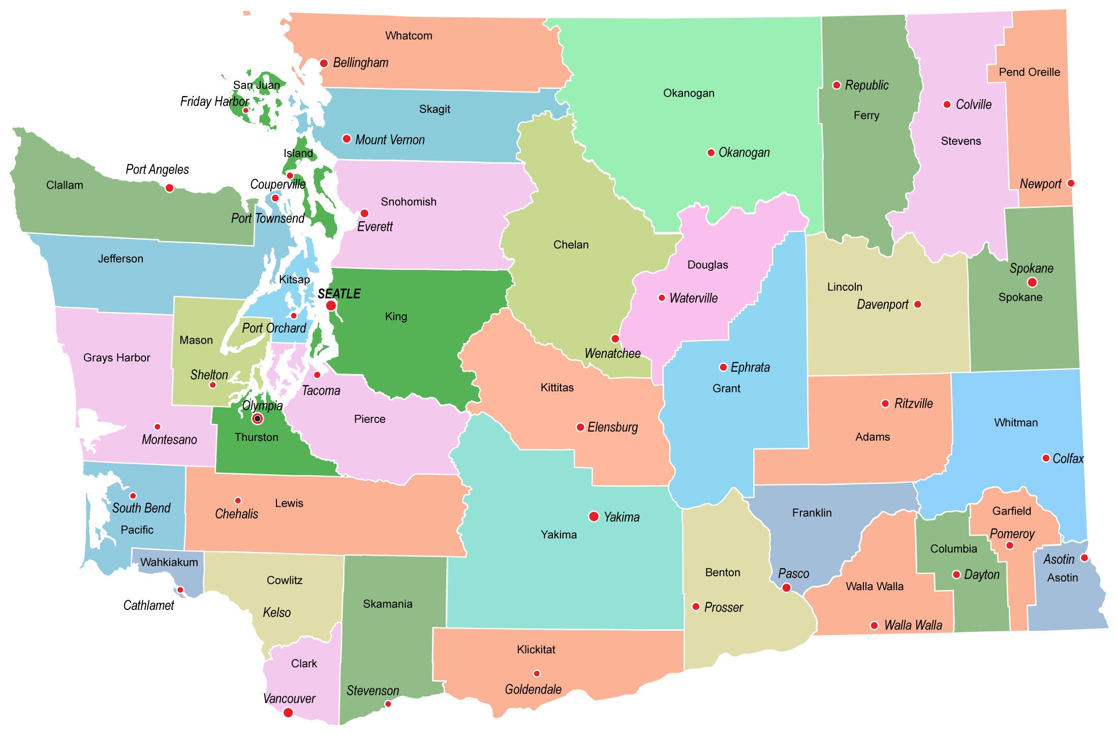 24"x36" Poster Washington County Map With County Seat Cities - Etsy