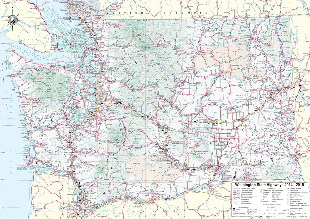 34x24in Poster Large Detailed Tourist Map of Washington With-cities and ...