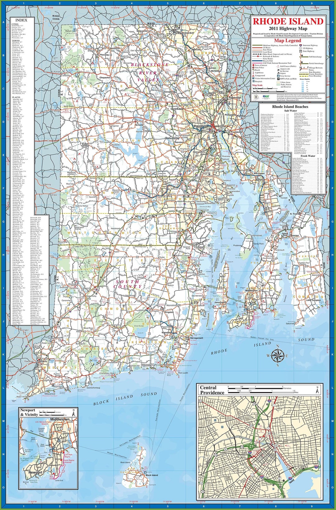24"x36" Poster Detailed Rhode Island Highway Map With Cities and Towns ...