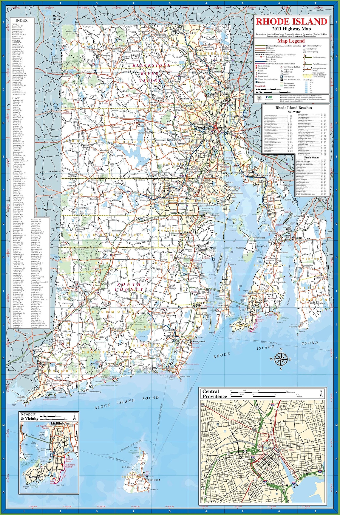 24"x36" Poster Detailed Rhode Island Highway Map With Cities and Towns ...