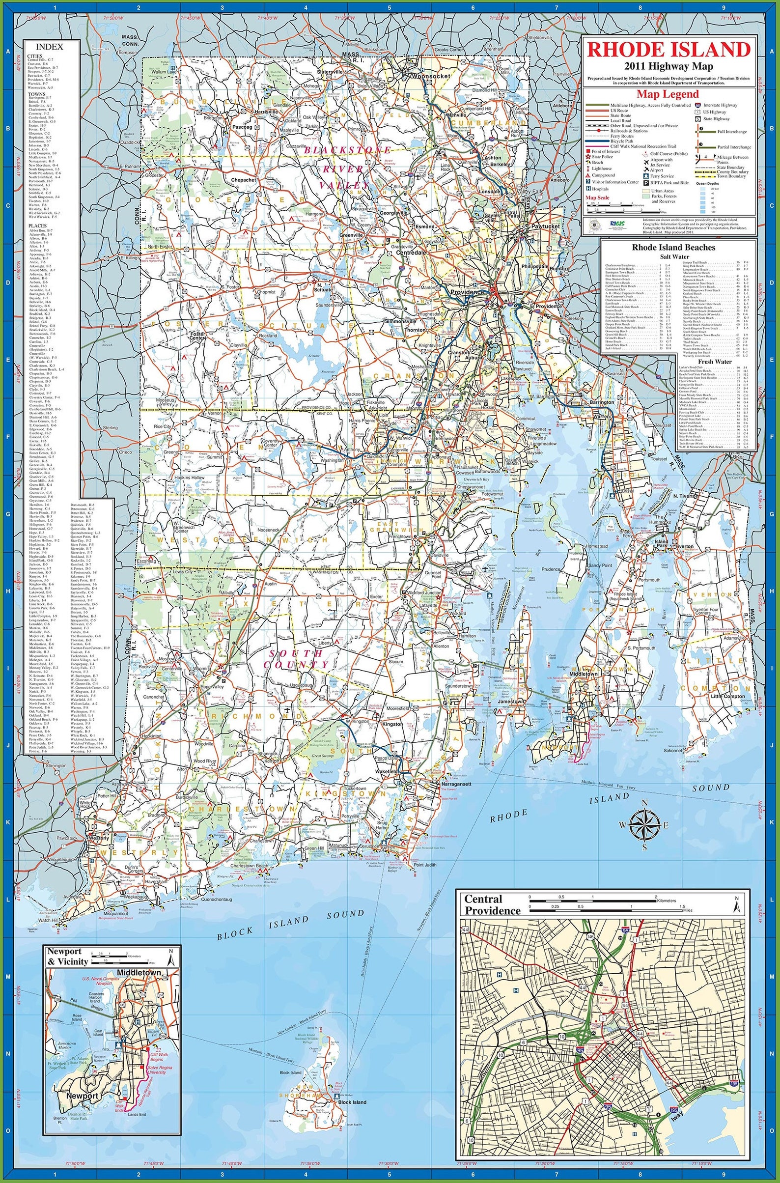 24"x36" Poster Detailed Rhode Island Highway Map With Cities and Towns ...
