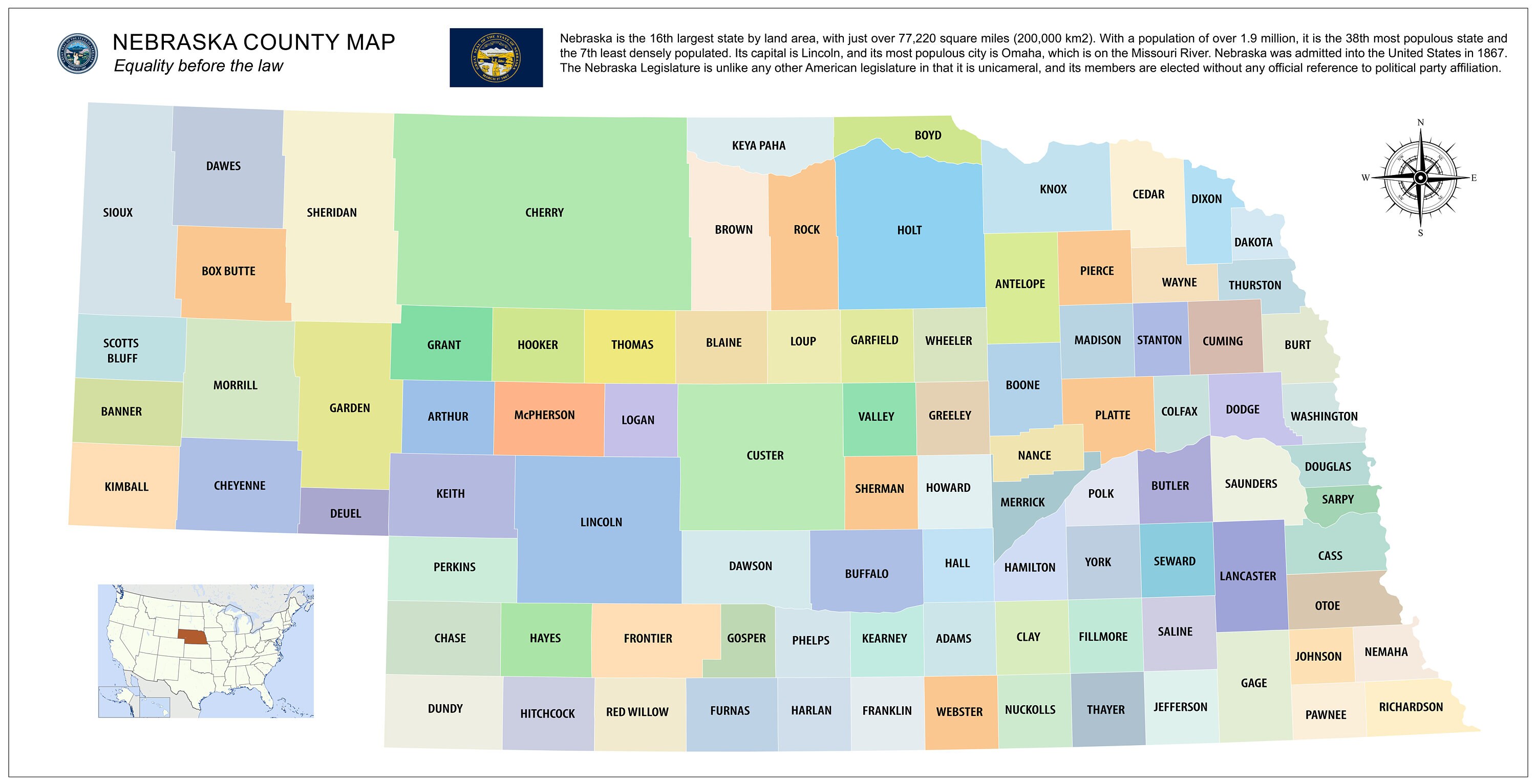 Wall Art Impressions 24"x46" Vibrant Nebraska County Map Poster: A ...