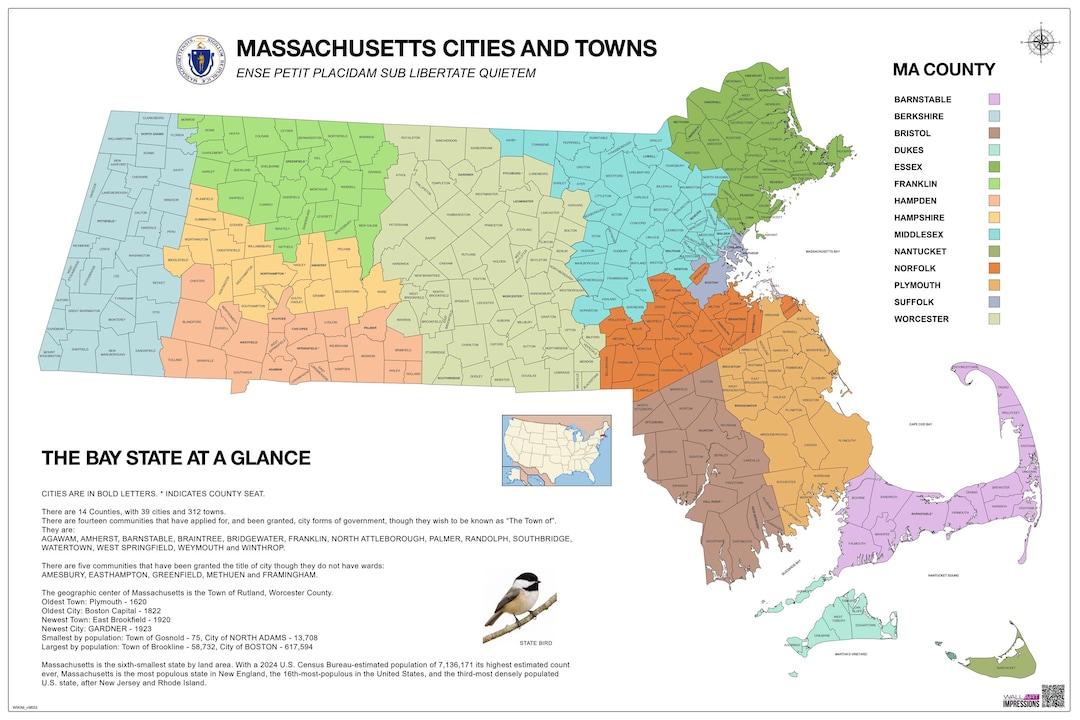 Wall Art Impressions: Map of Massachusetts Cities, Towns and County ...