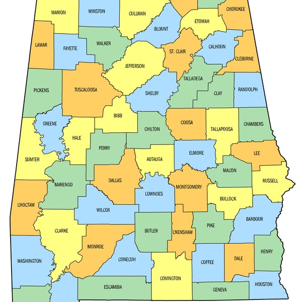 Map of Alabama With Counties Poster - Etsy