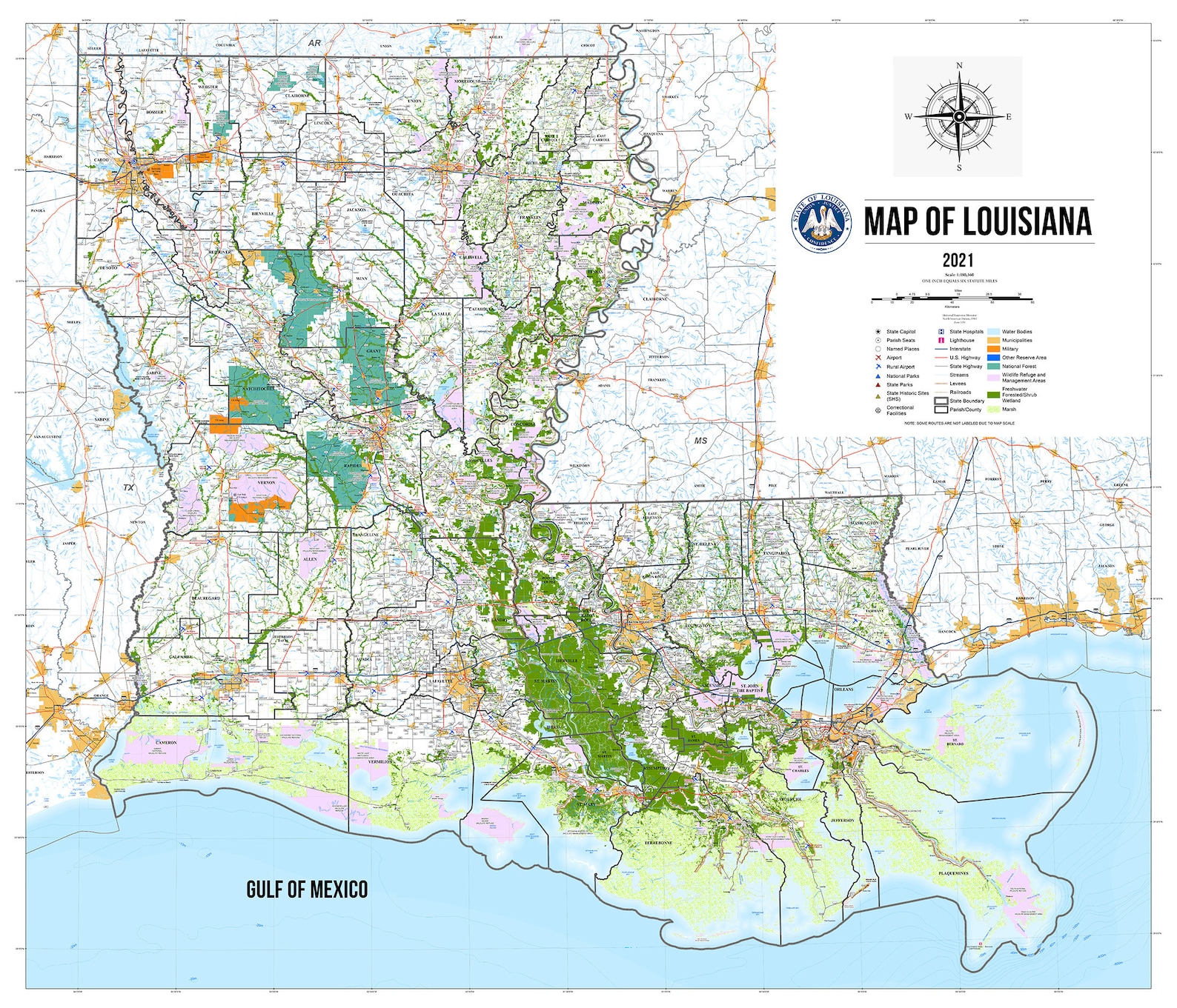 Large Detailed Map of Louisiana With Cities, Roads, Airports, Landmarks ...