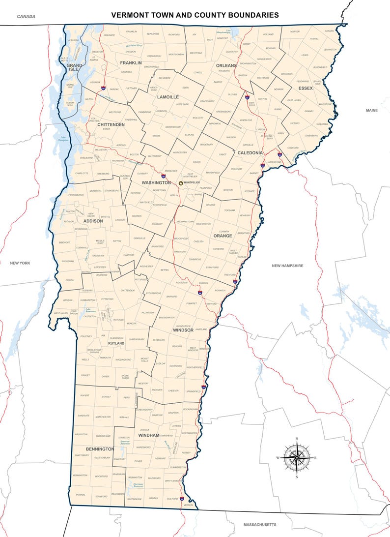 24x33in Poster Vermont County Map With Town and County Boundaries - Etsy