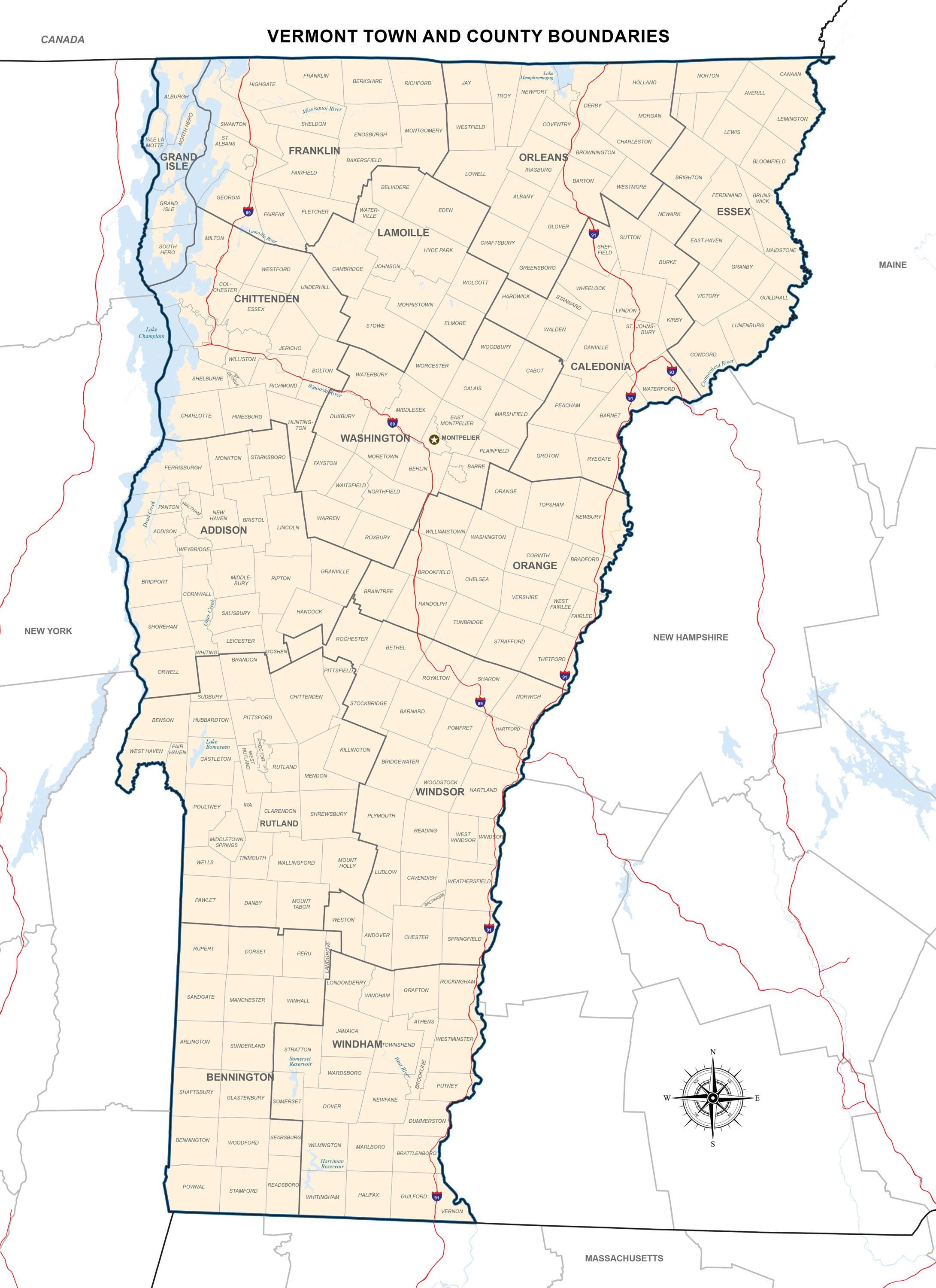 24x33in Poster Vermont County Map With Town and County Boundaries - Etsy