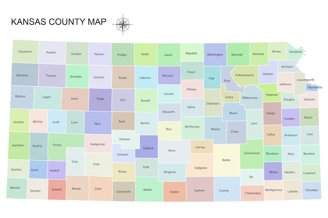 Wall Art Impressions 36"x24" Poster Kansas County Map - Etsy