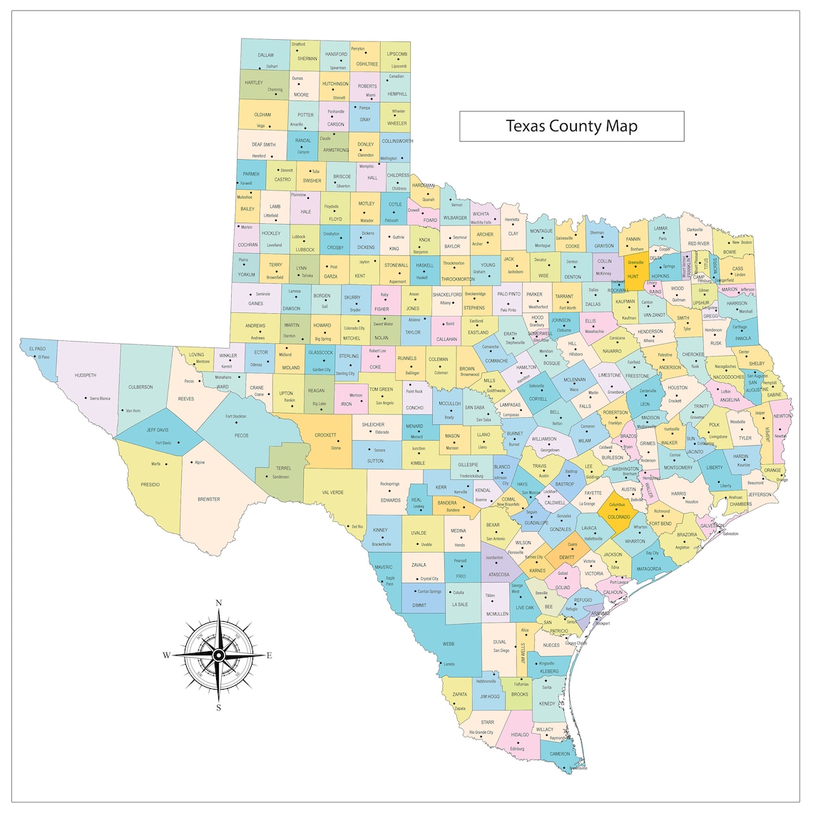 24x24in Poster Texas County Map and County Seats - Etsy