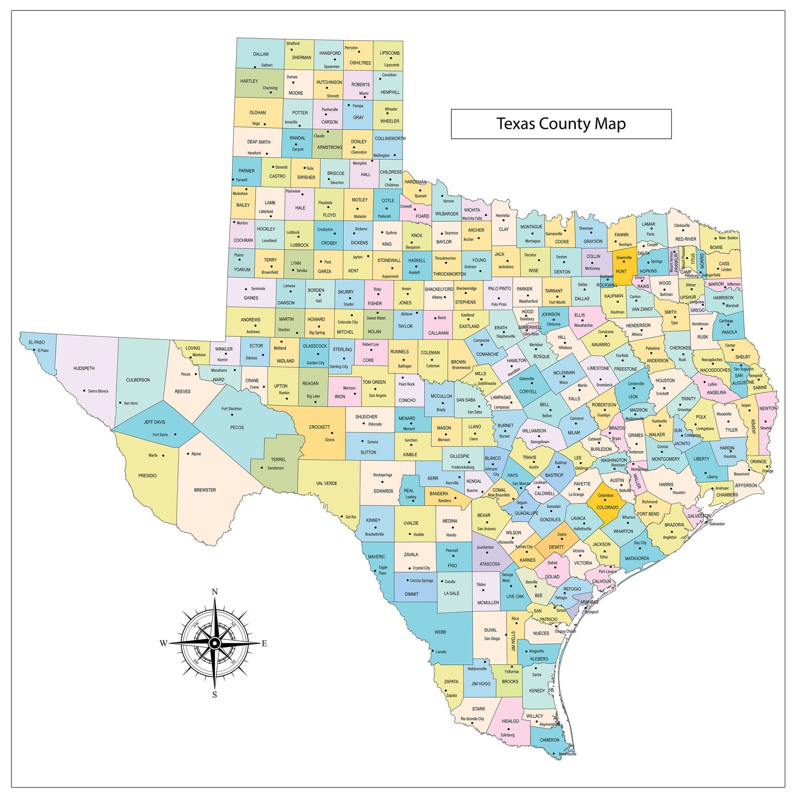 24x24in Poster Texas County Map and County Seats - Etsy