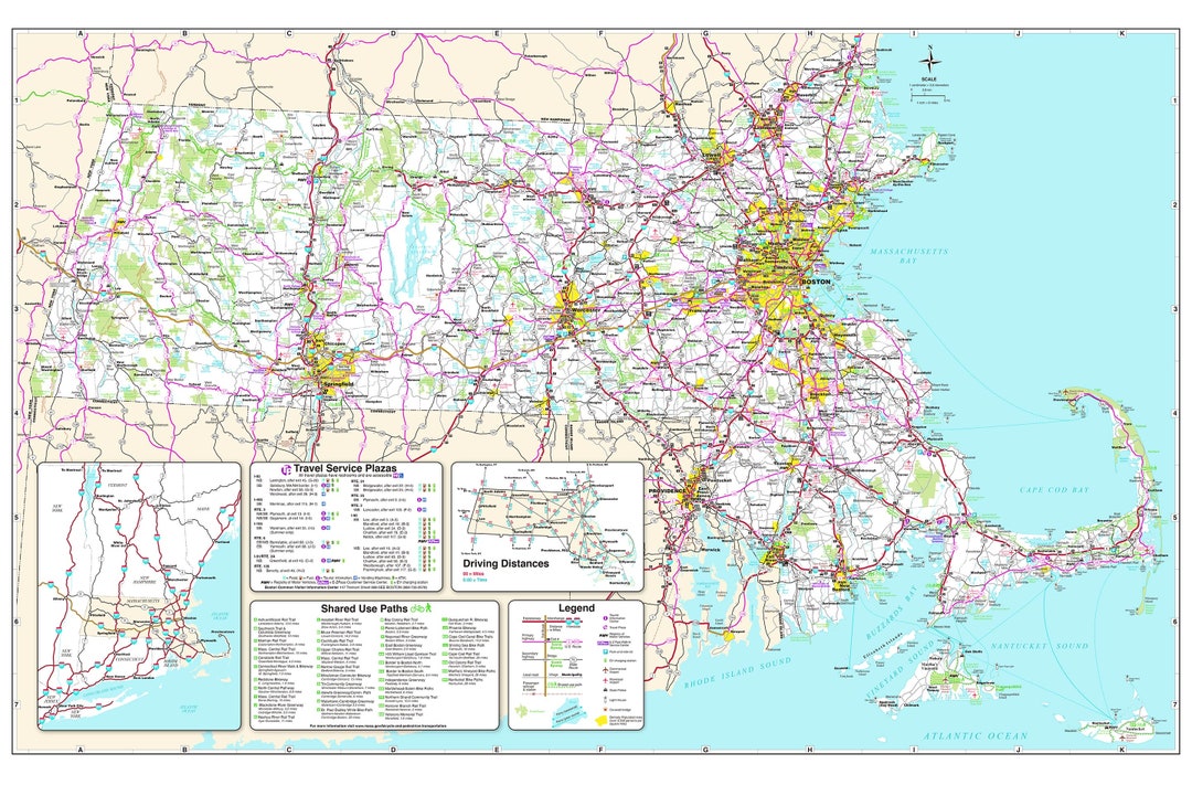 36x24in Poster Massachusetts Detailed Transportation Map Expressway ...