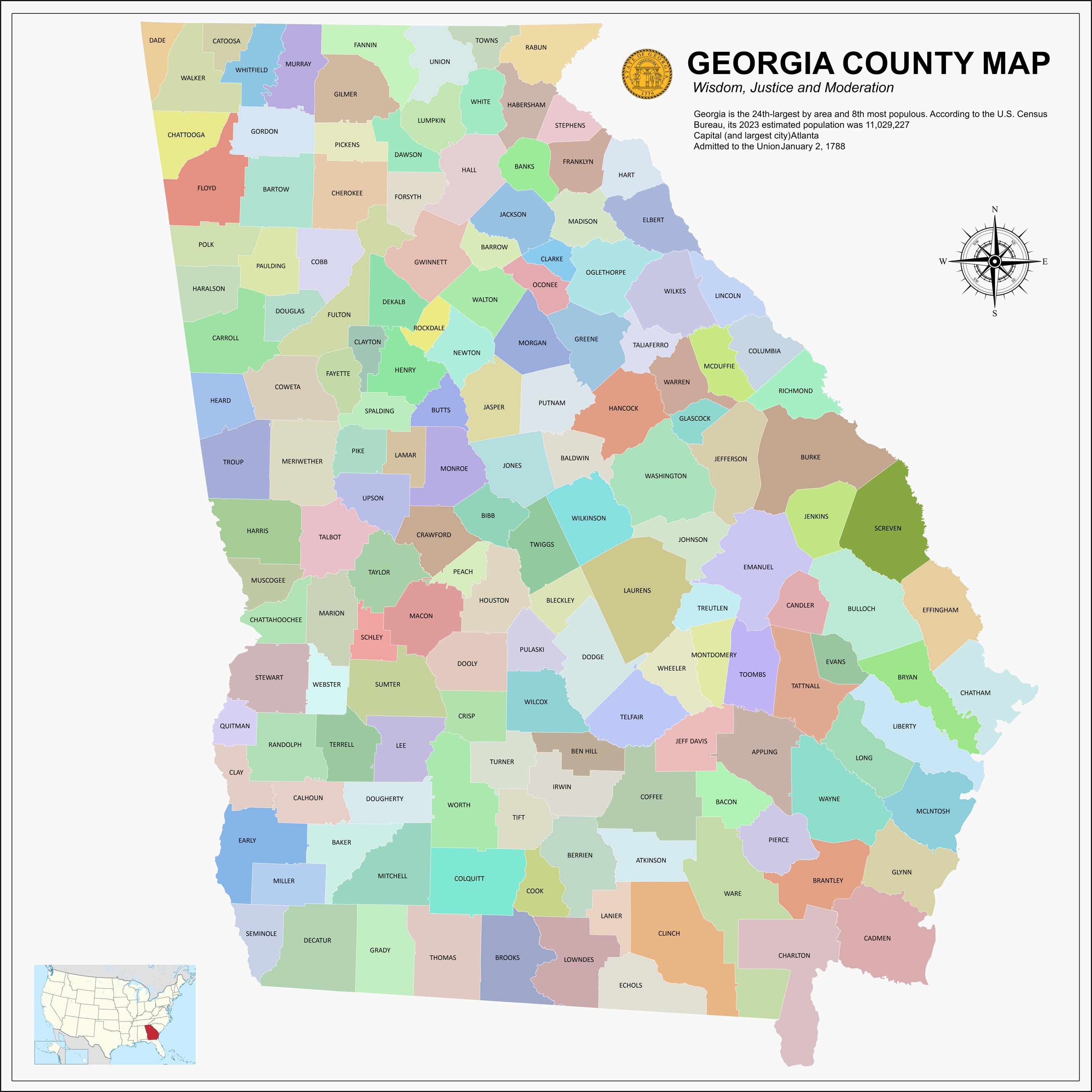 24x24in Poster Georgia County Map - Etsy