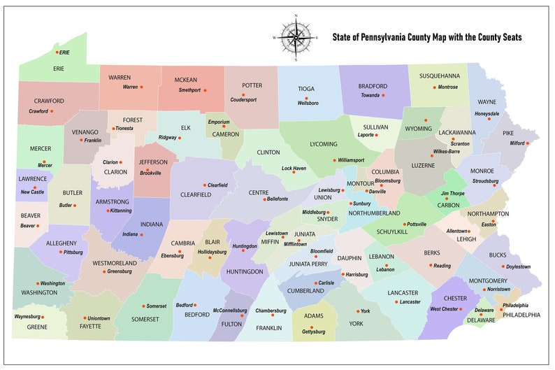 36"x24" Poster State of Pennsylvania County Map With the County Seats ...