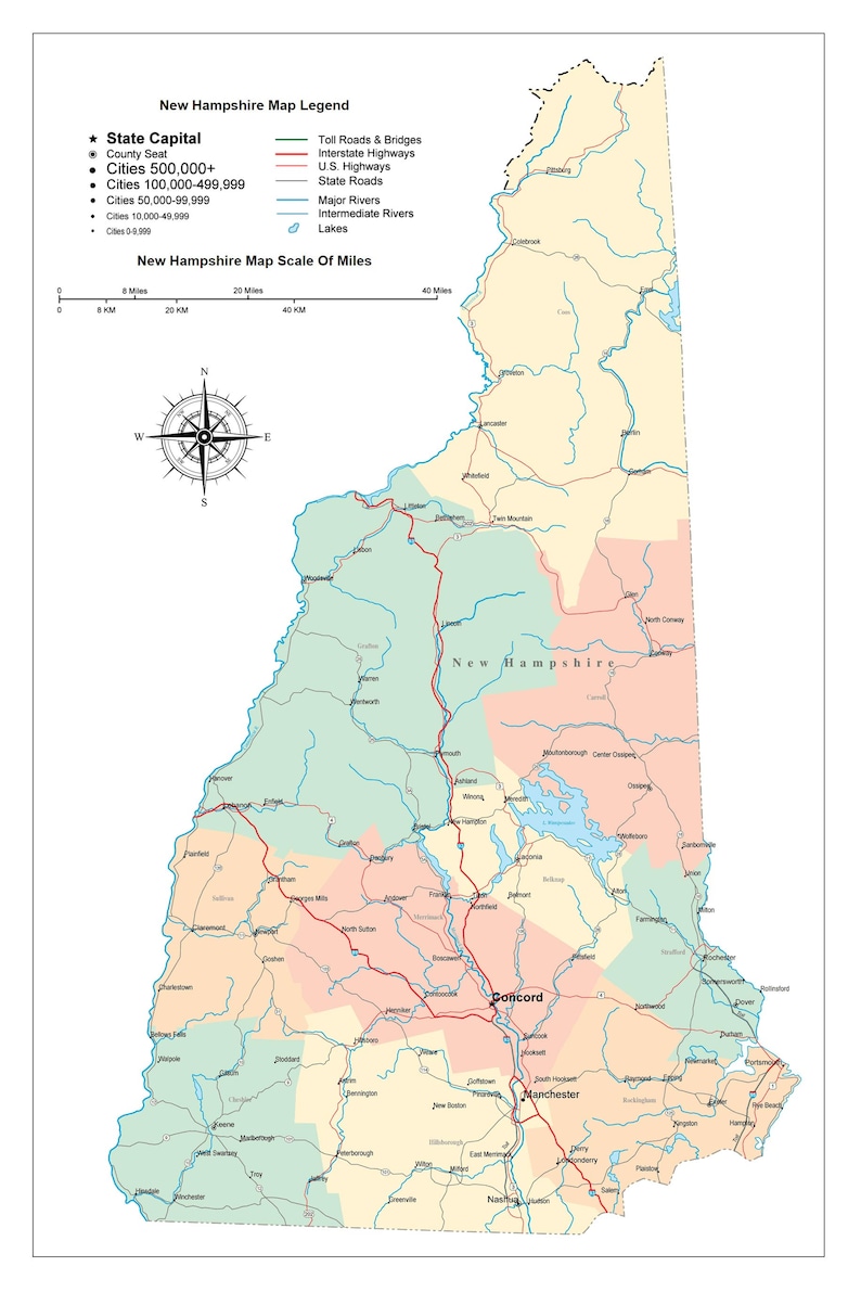 24x36in Poster New Hampshire Road Map - Etsy