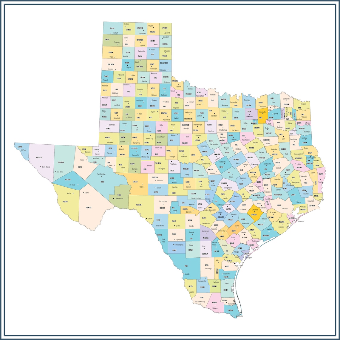 24x24in Poster Texas County Map and County Seats - Etsy