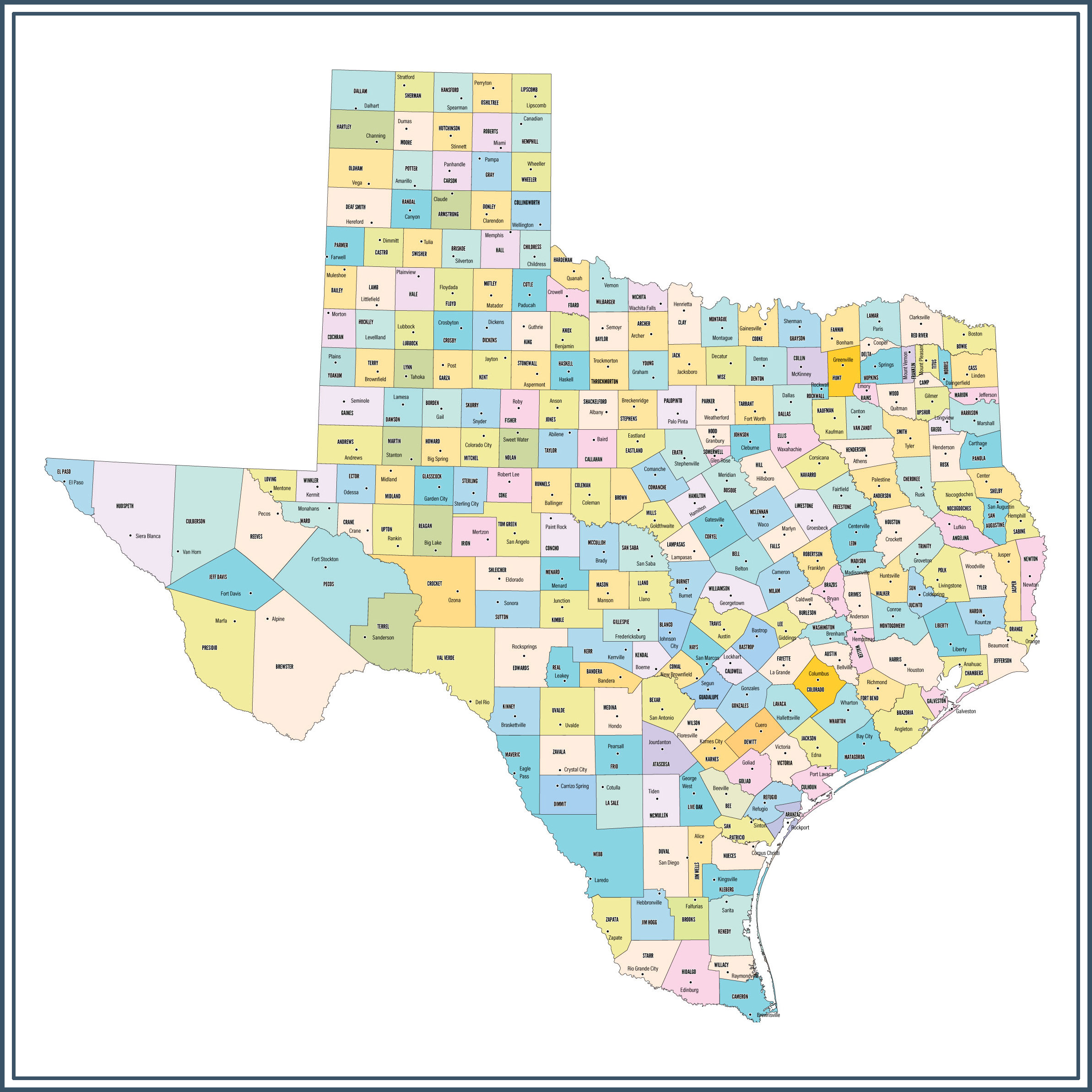 24x24in Poster Texas County Map and County Seats - Etsy