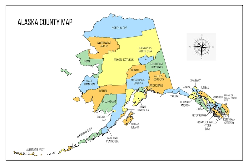 35x24in Poster Alaska County Map - Etsy