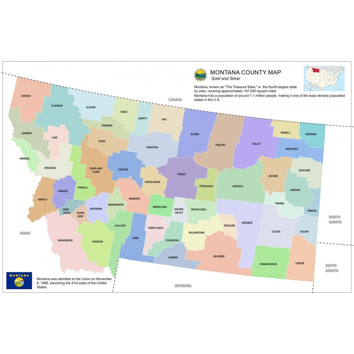 Wall Art Impressions 24"x36" Vibrant Montana County Map Poster: A ...