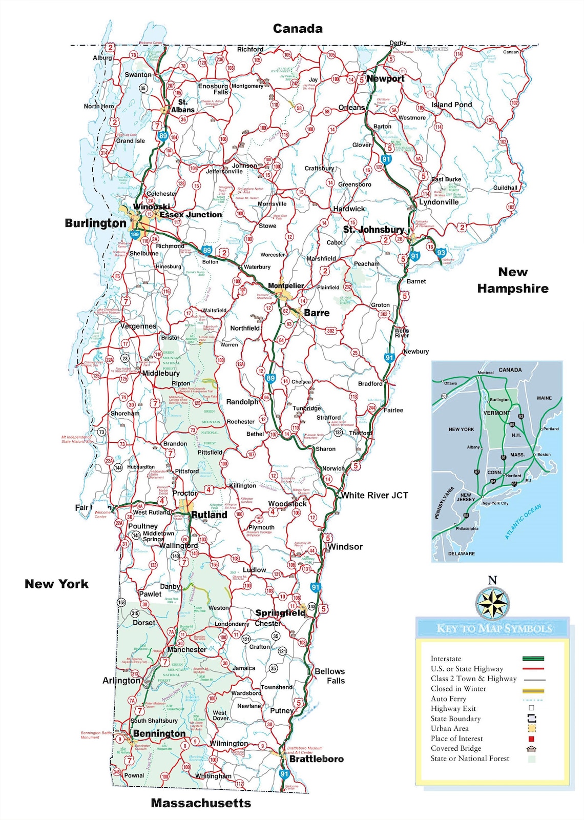 24x33in Poster Large Detailed Tourist Map of Vermont With Cities and ...