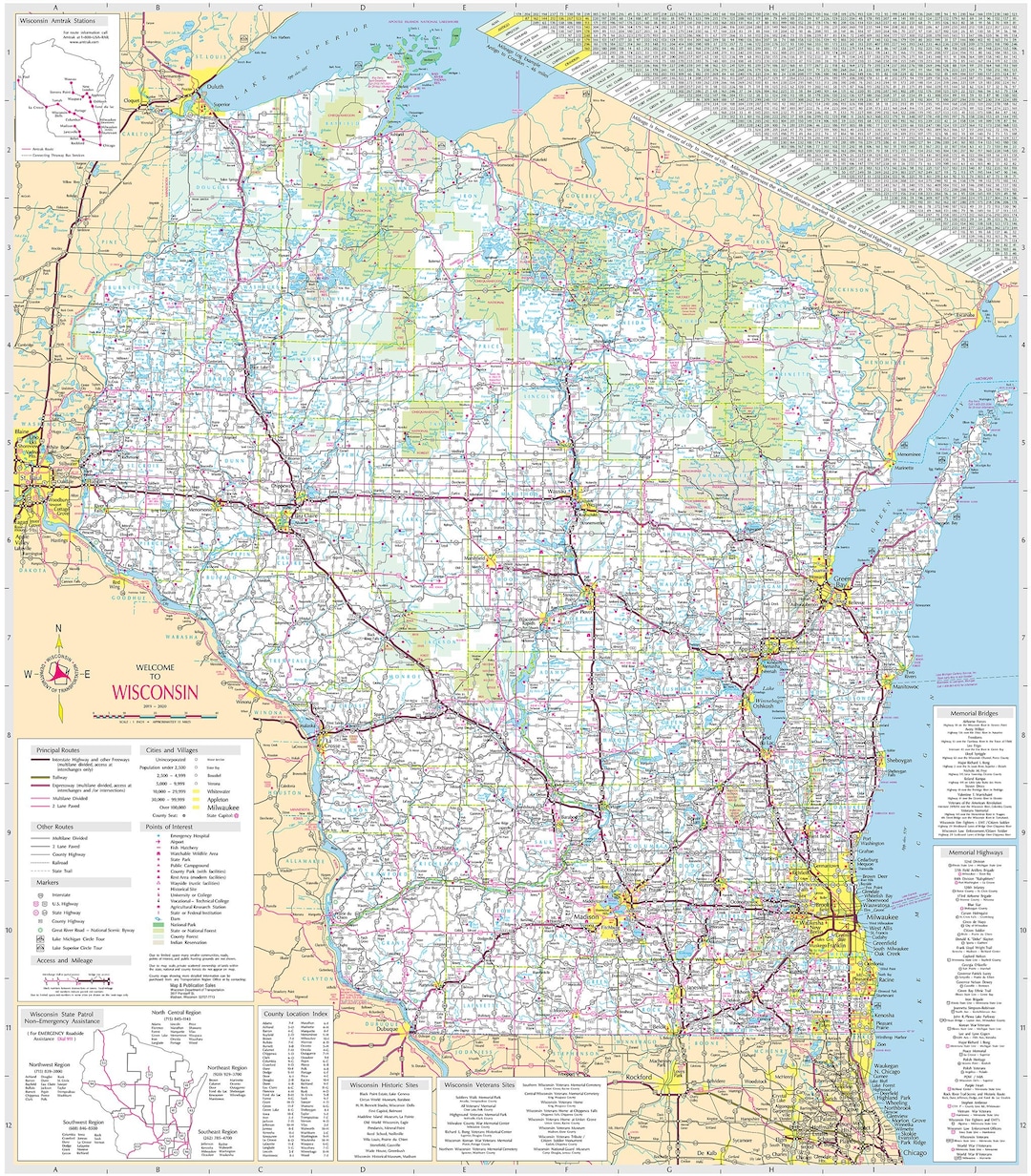 24x27in Poster Wisconsin State Highway Detailed Map, Railroads, Cities ...