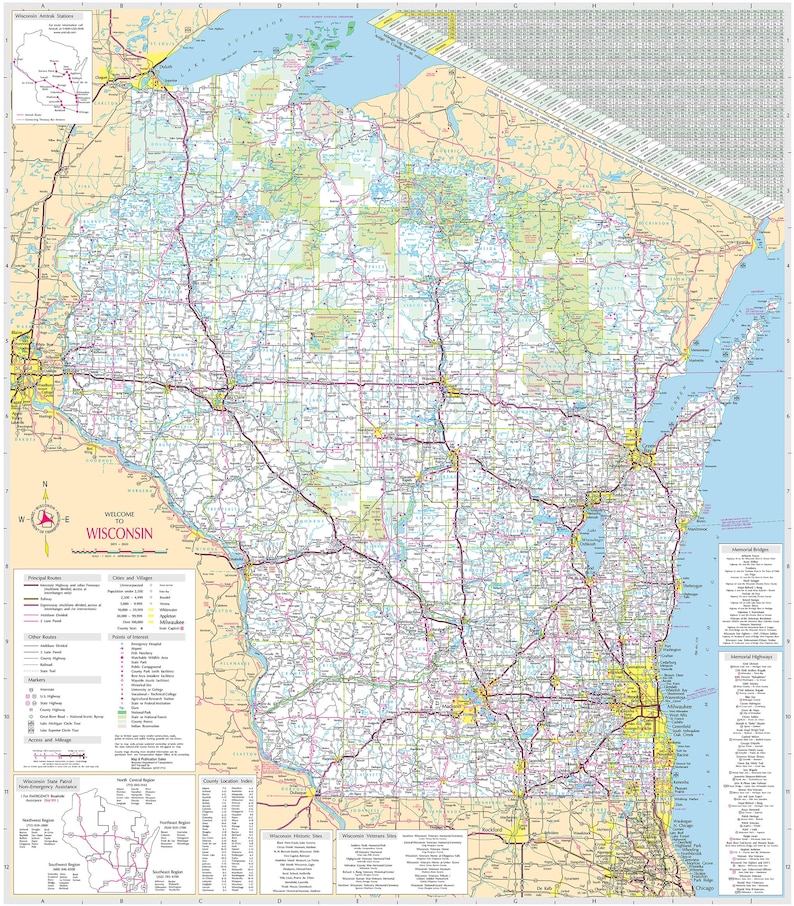 24x27in Poster Wisconsin State Highway Detailed Map, Railroads, Cities ...