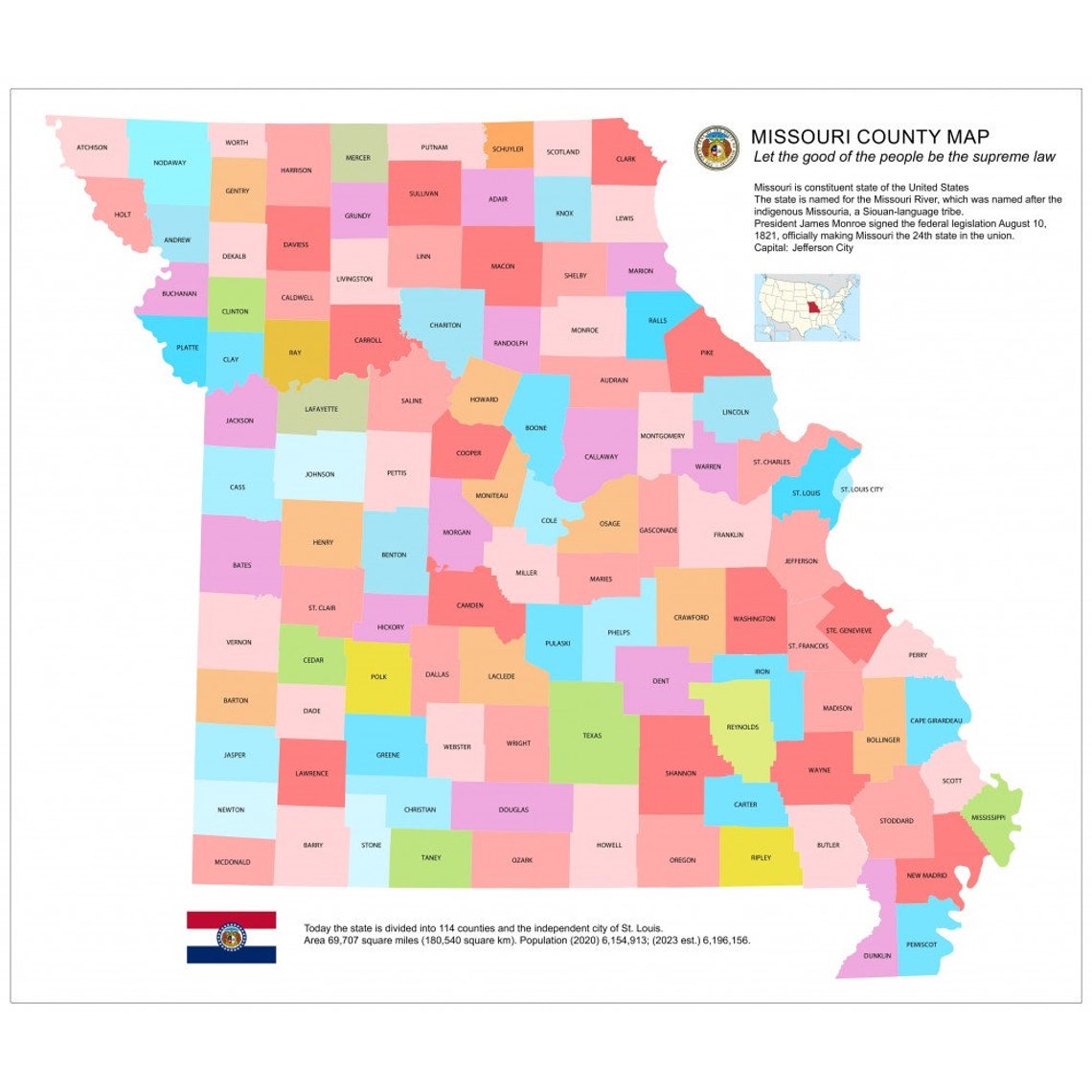 Wall Art Impressions™ 28x24in Poster Vibrant Missouri County Map: A Colorful Guide to Missouri's ...