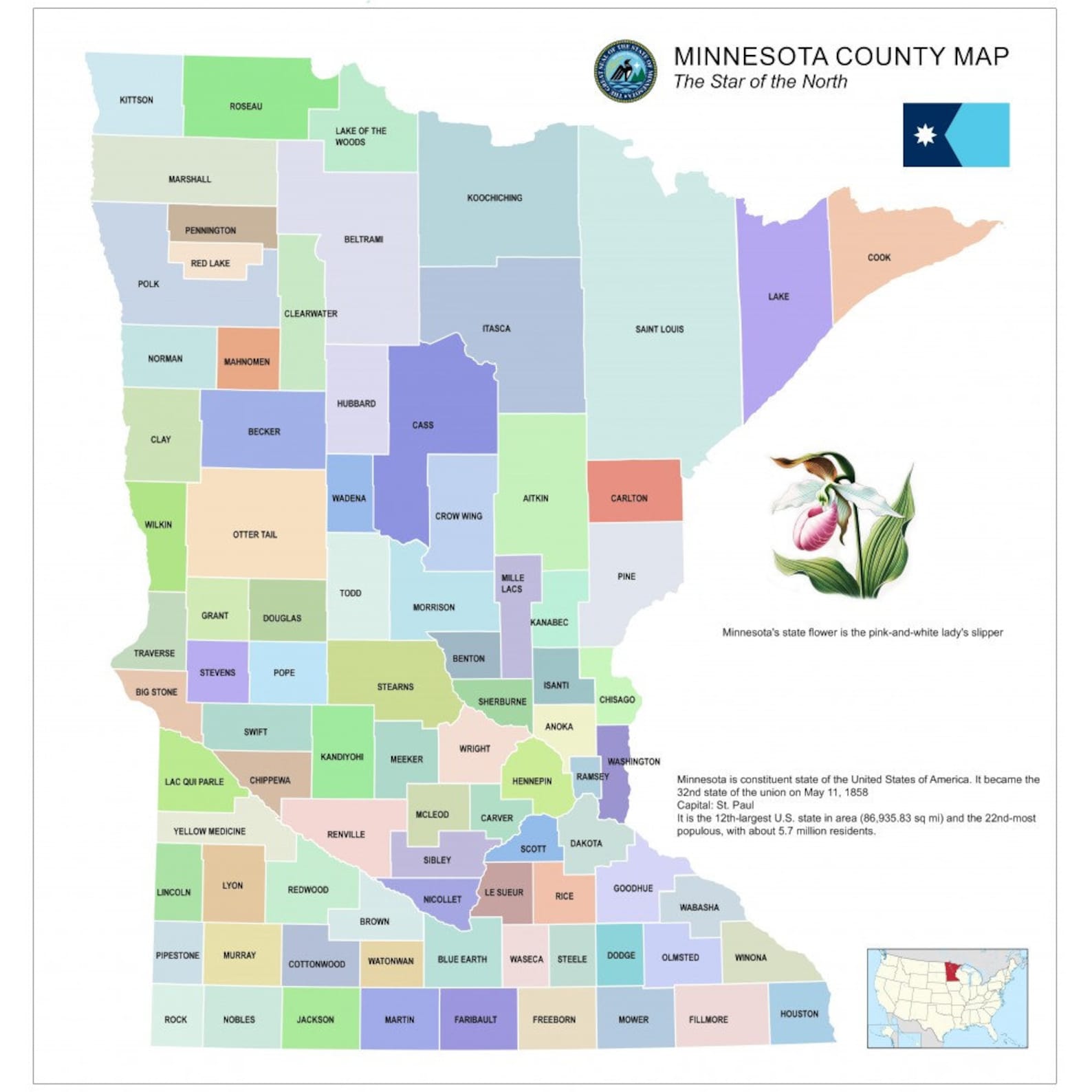Wall Art Impressions™ 24"x36" Vibrant Minnesota County Map: A Colorful Guide to Minnesota's ...