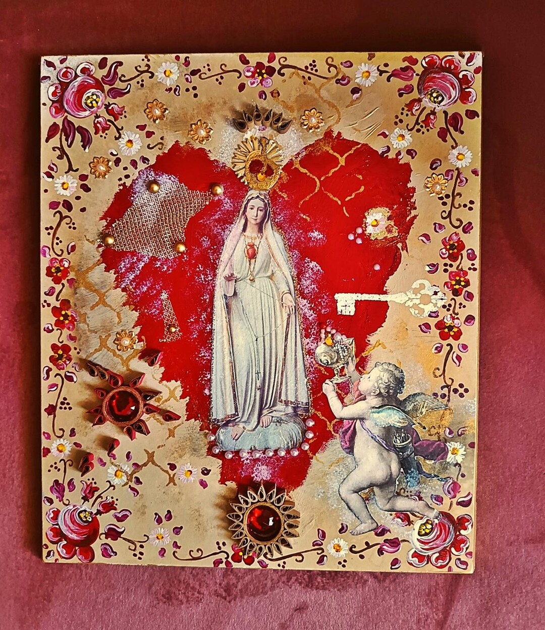 Mixed Media Wall Art of Blessed Virgin Mary and Sacred Heart, Folk Art ...