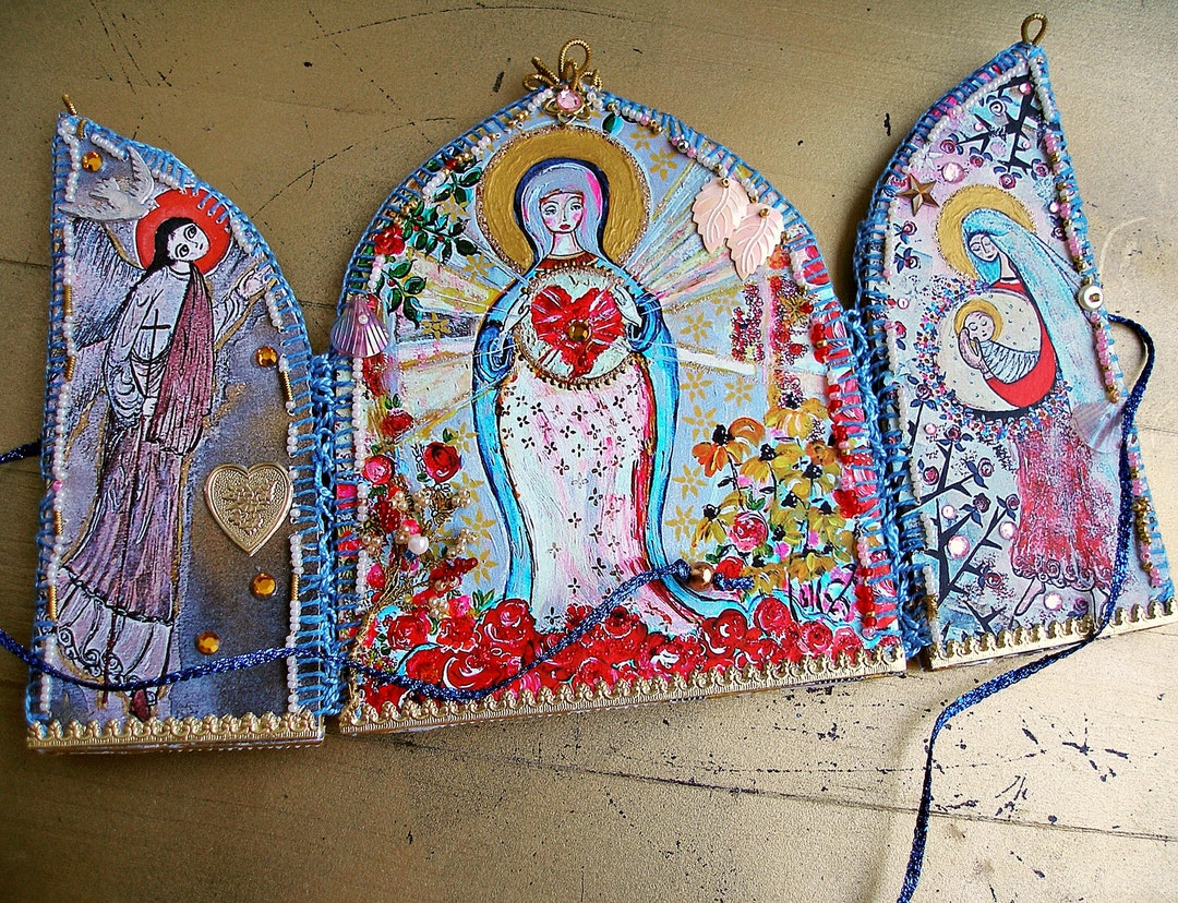Triptych, Travel Altar Heart of Mary and Child, Home Altar, Devotion ...
