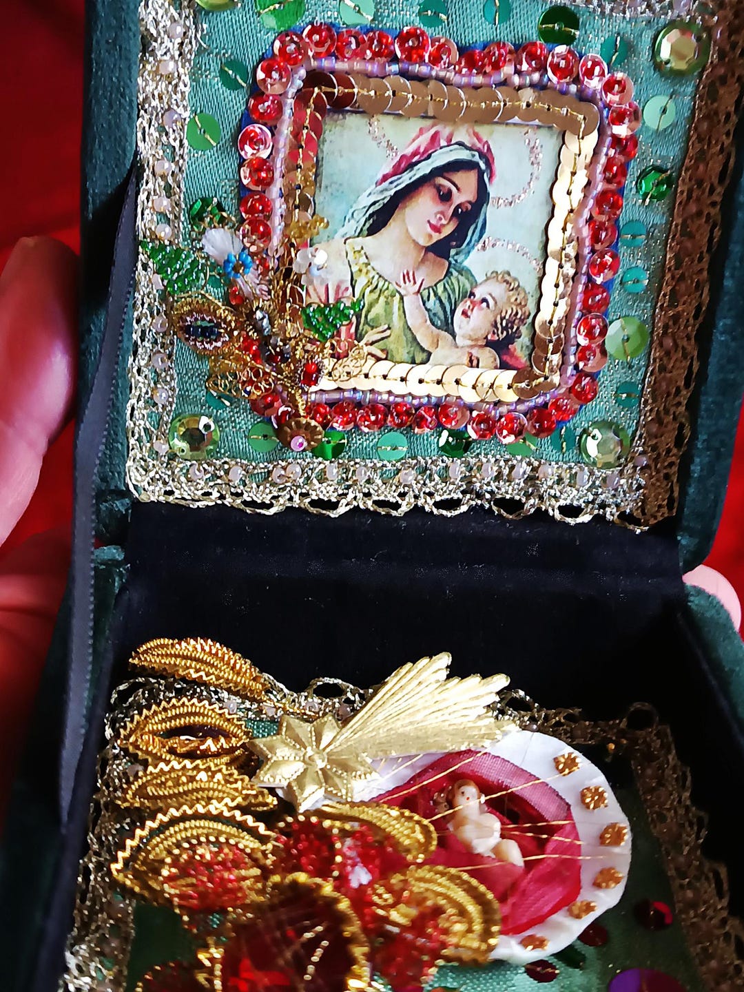 Religious Treasure Chest With Wax Baby Jesus, Velvet Jewelry Box With ...