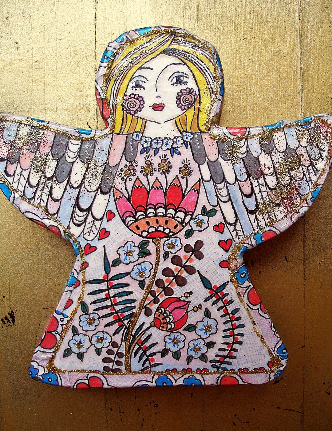 Colorful Guardian Angel Folklore Angel With Flowers Glittering - Etsy