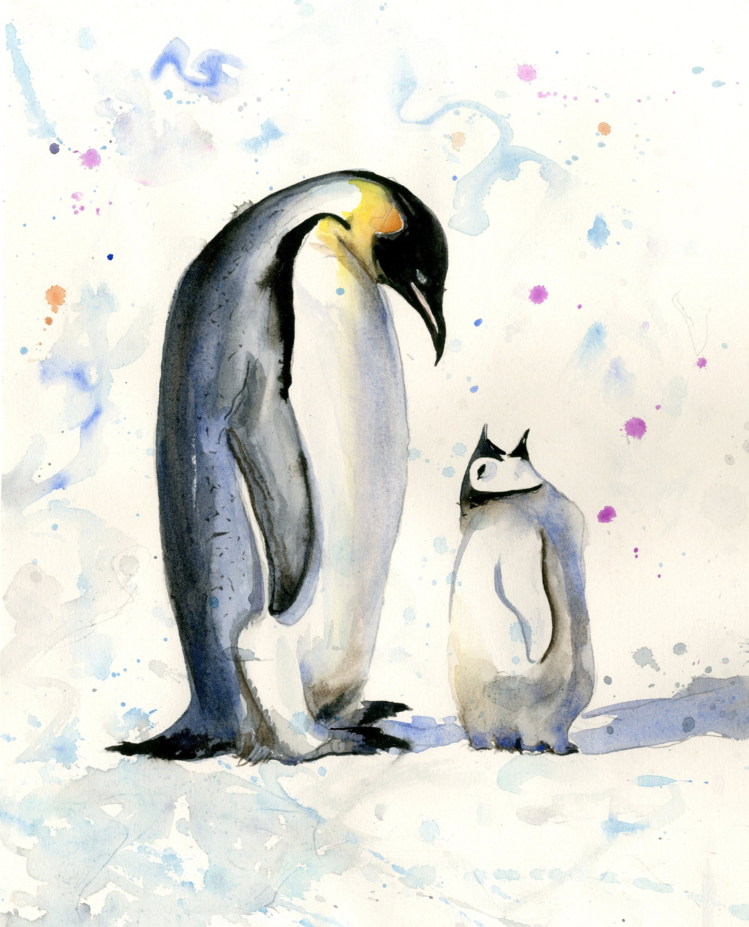 Original Watercolor Painting.emperor Penguin Mom and Lovely Baby ...