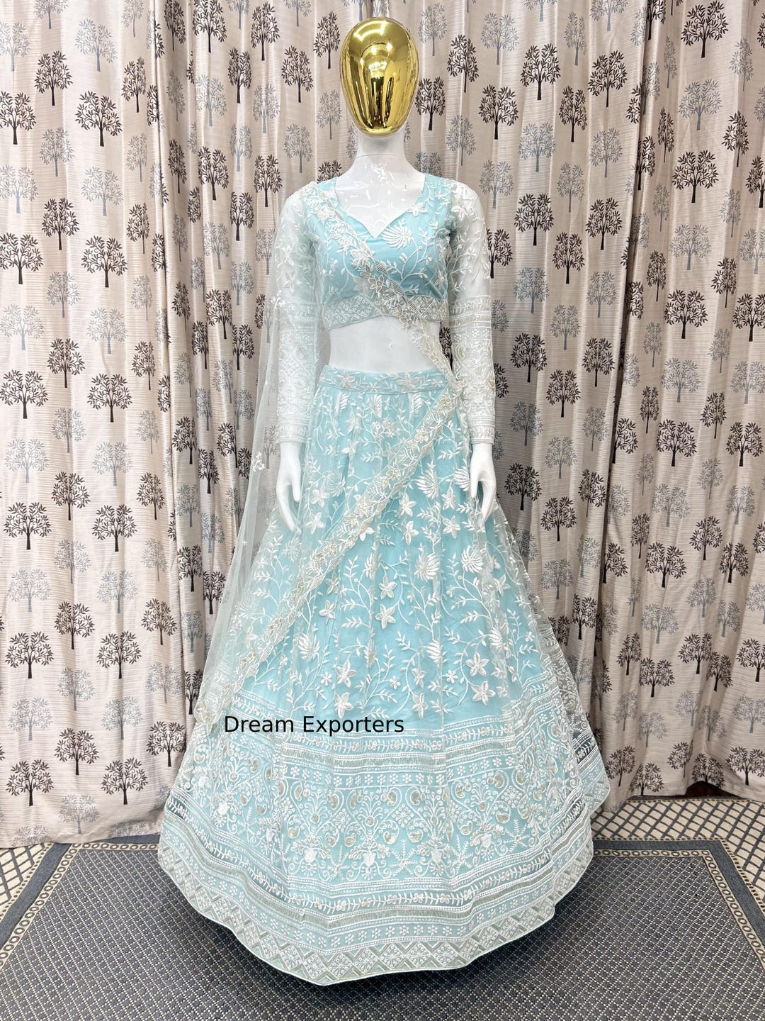 Sky Blue Net Lehenga Choli for Women: Readymade Reception Wear Indian ...