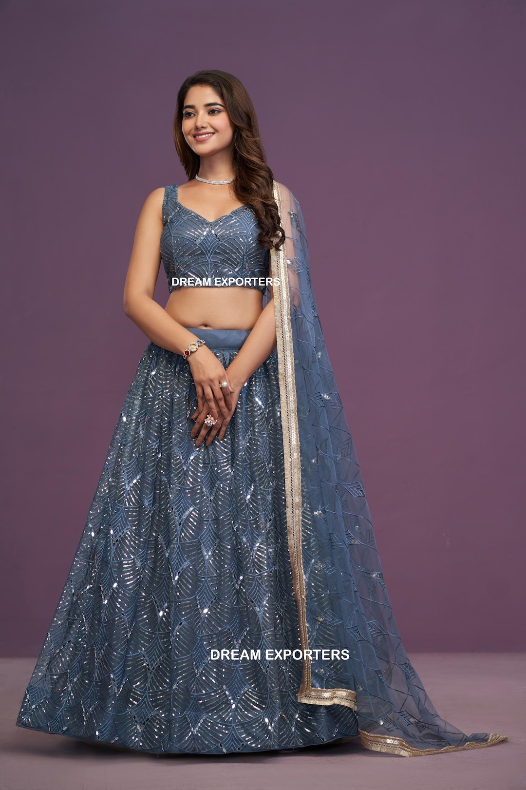 Dove Blue Lehenga Choli Set: Customized Net Lhenga Choli for Women ...