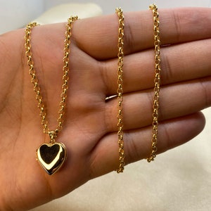 14k Solid Gold Heart Locket Necklace With Rolo Chain - Etsy