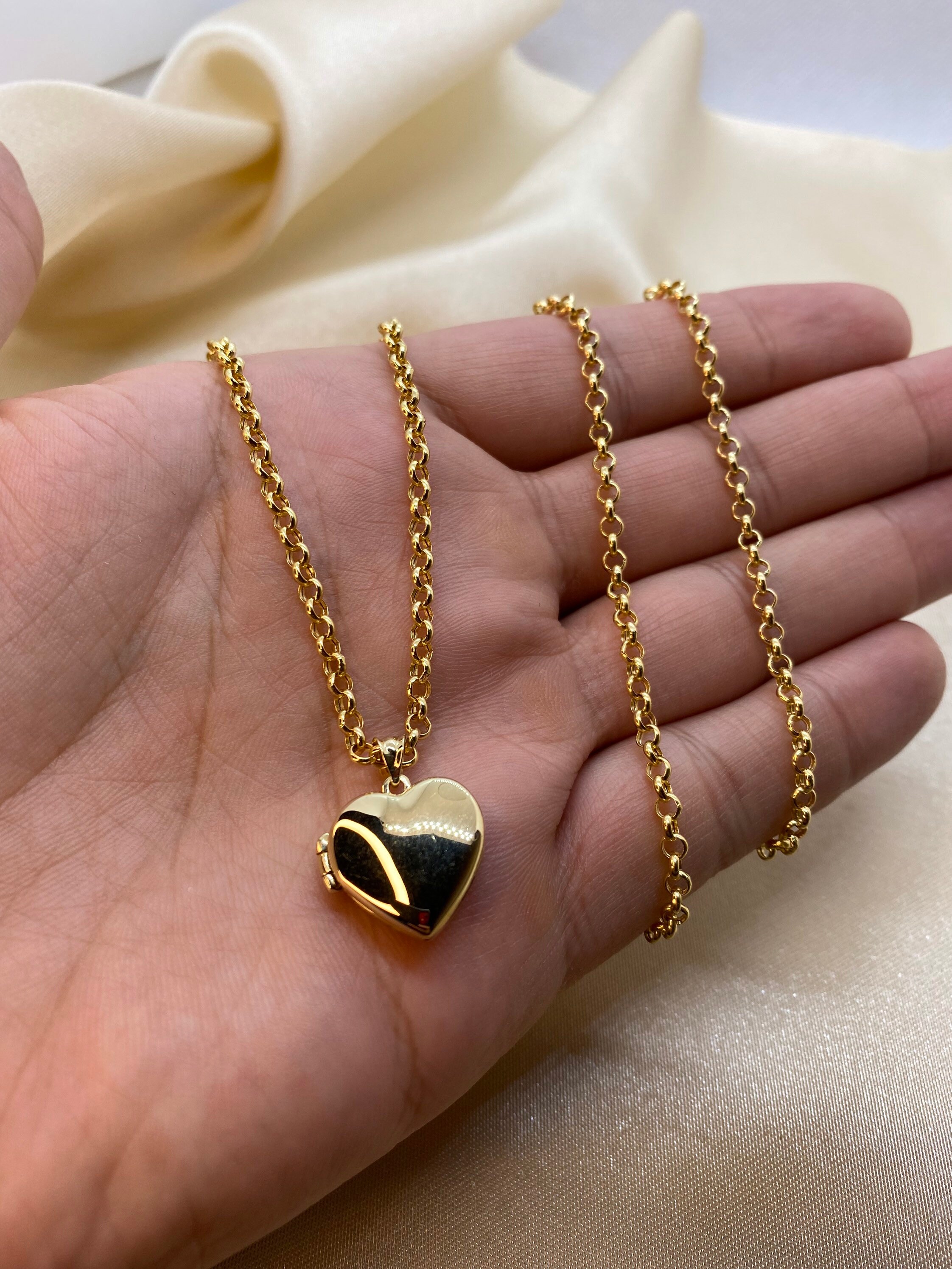 14k Solid Gold Heart Locket Necklace With Rolo Chain - Etsy