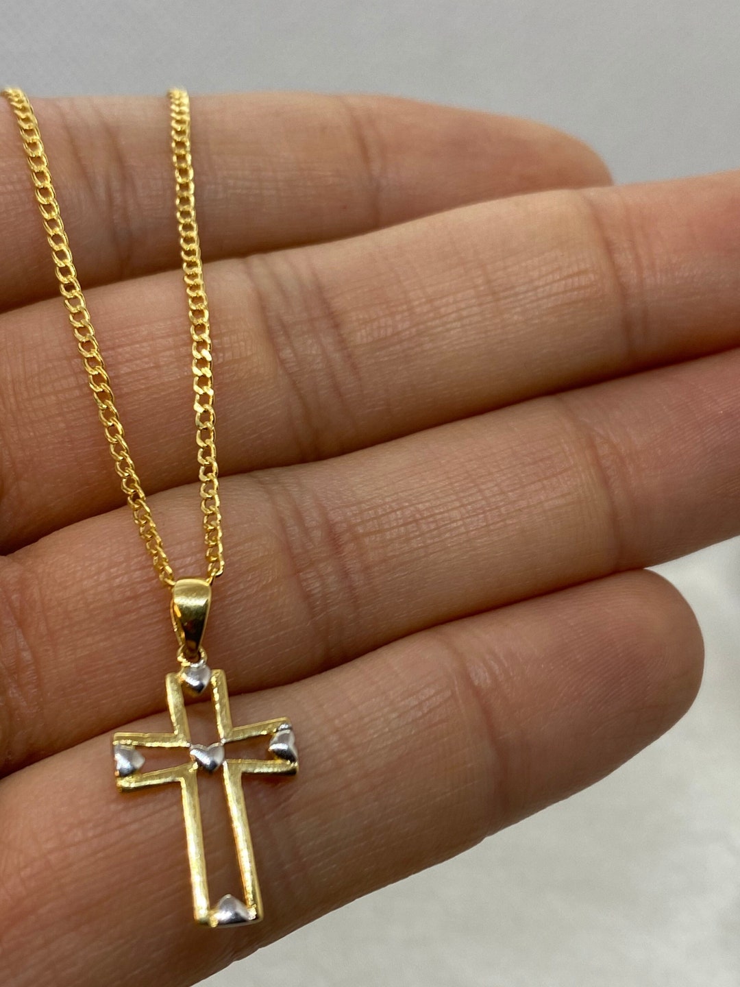 18k Real Gold Cross Necklace With Curb Chain so Shiny and Durable,19.5 ...