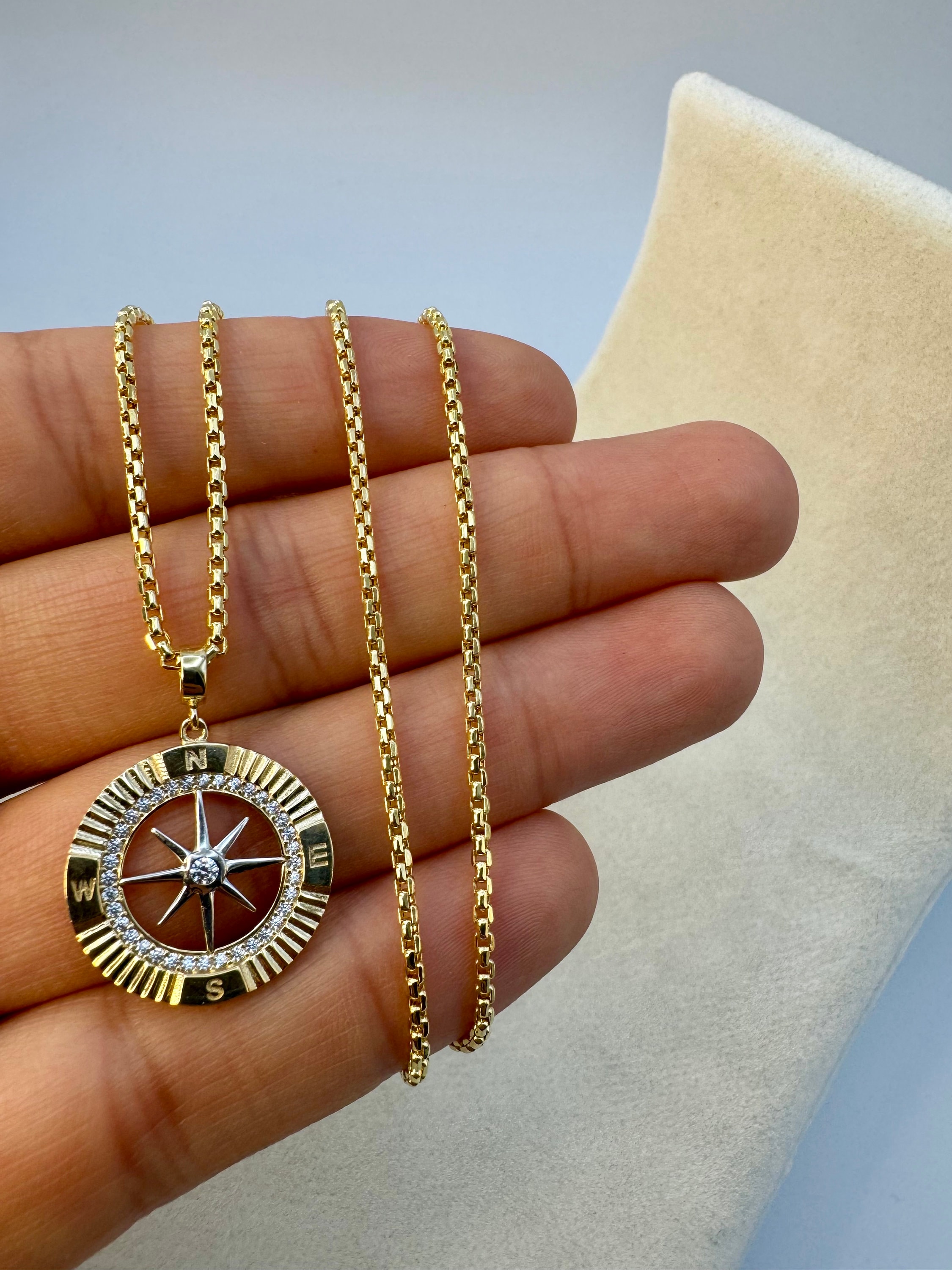14K Solid Gold Compass Necklace, Compass Jewelry, Solid Gold Necklace ...