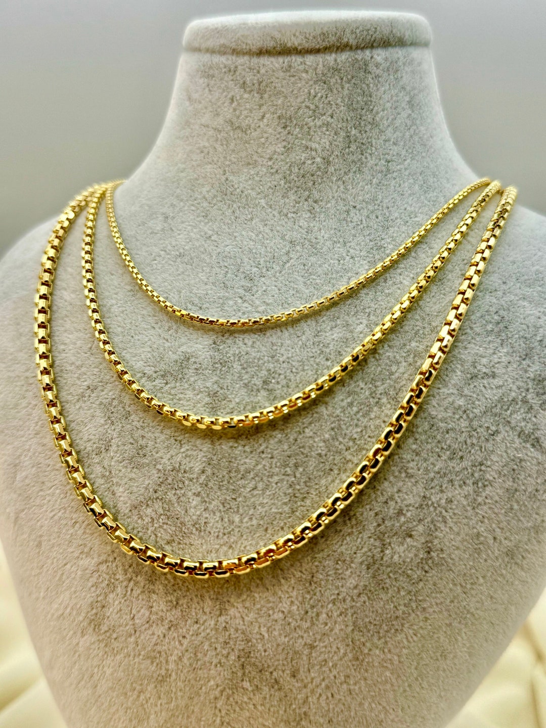 14K Gold Round Box Chain Necklace, Real Gold Box Chain , 2mm, 2.65mm, 3 ...