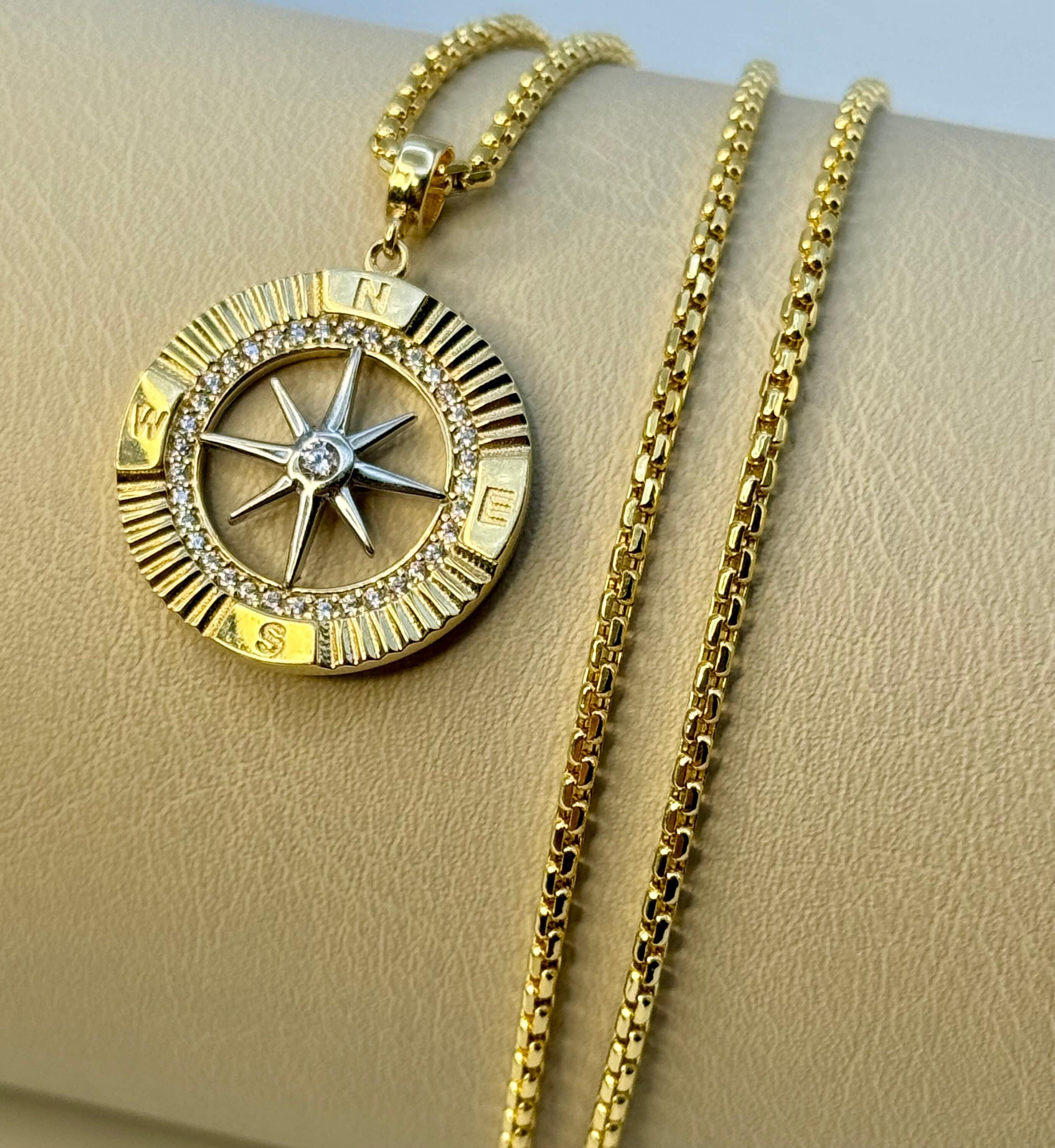 14K Solid Gold Compass Necklace, Compass Jewelry, Solid Gold Necklace ...